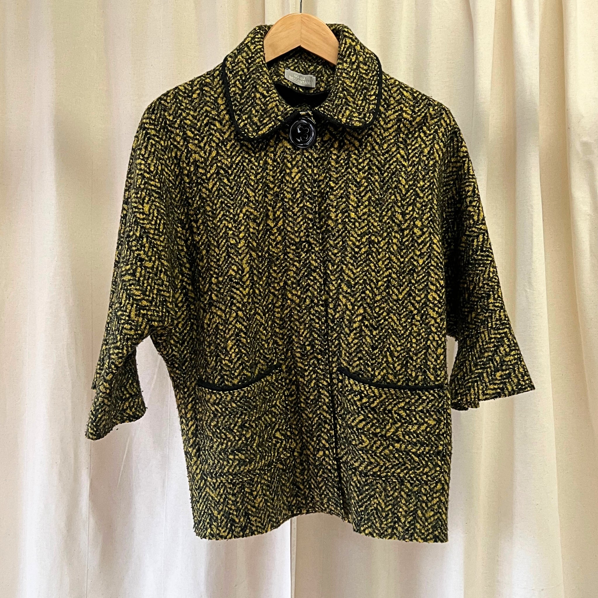 Maria Bellentani chevron wool short sleeve swing coat in yellow and bl ...